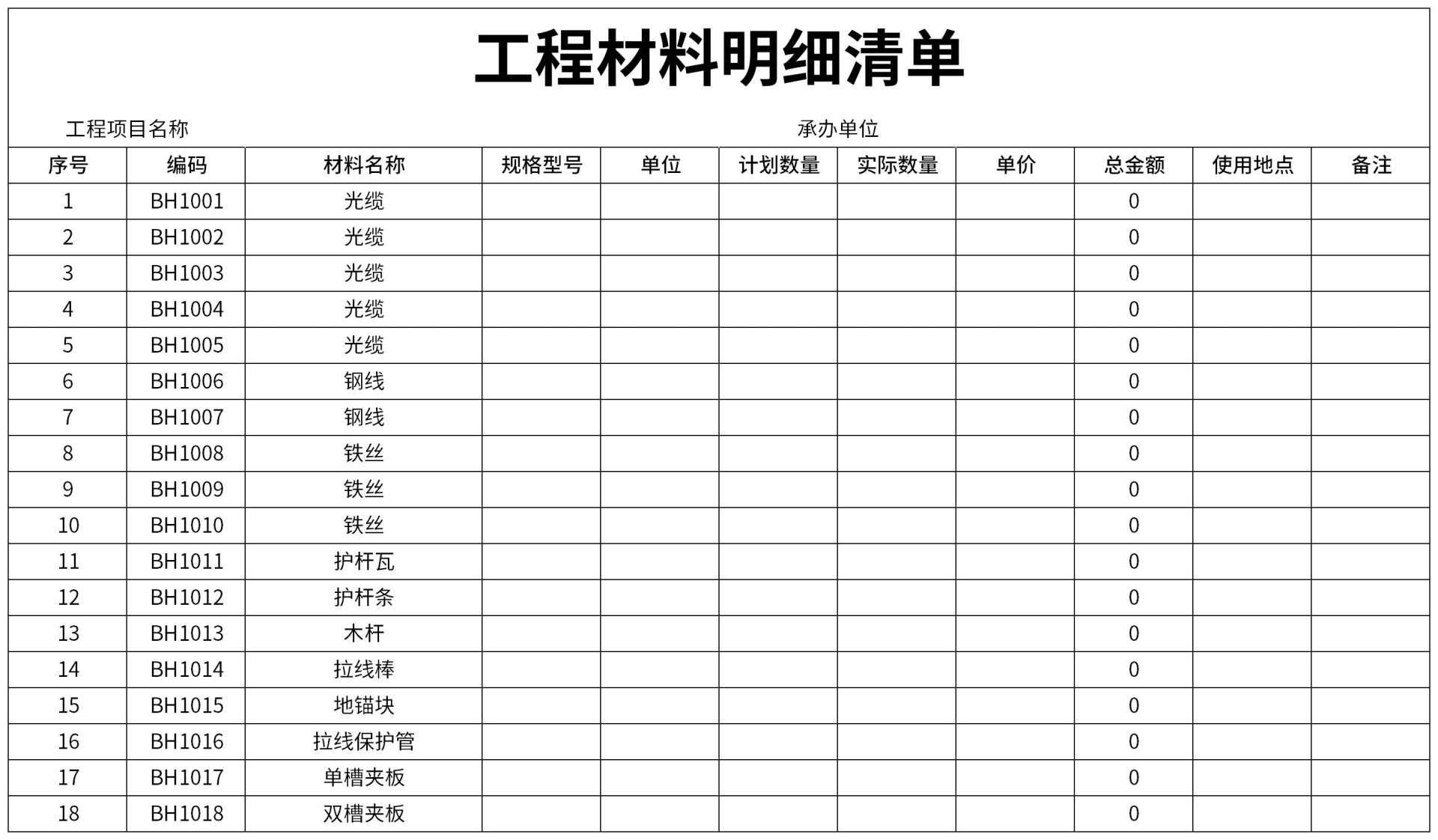 工程材料明细清单excel模板 完美办公